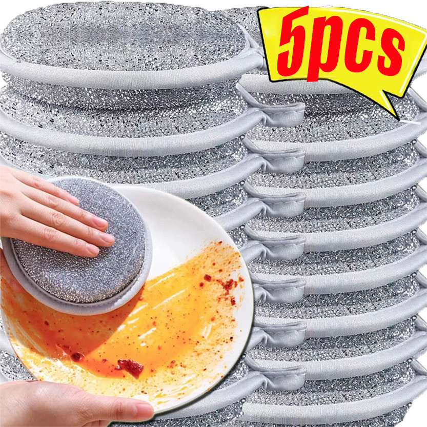 1/3/5Pcs Round Double-side Dishwashing Sponges / Silver Wire Cleaning ...
