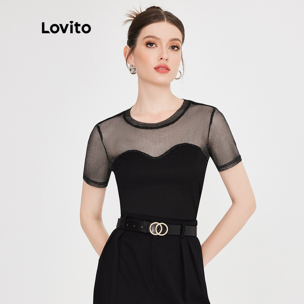 Lovito Elegant Plain Contrast Mesh T-Shirt for Women L51ED046 | Shopee ...