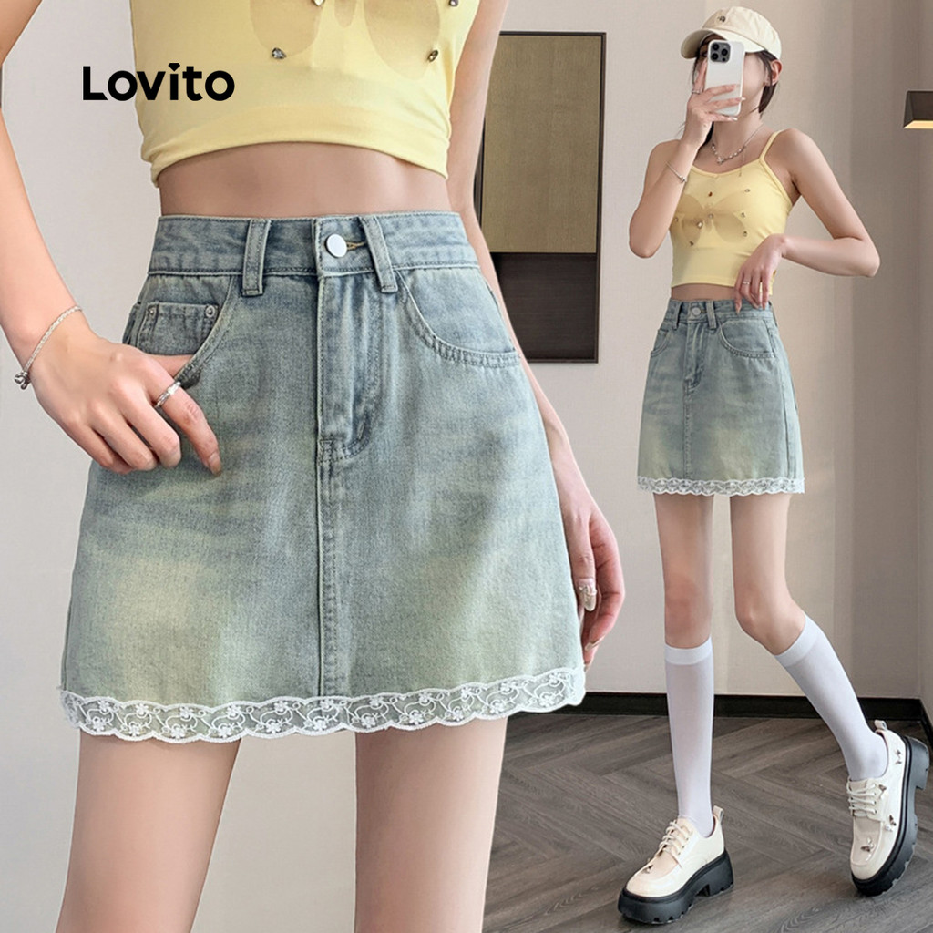 Lovito Women Casual Plain Lace Spring/Summer Blue Denim Skirts ...
