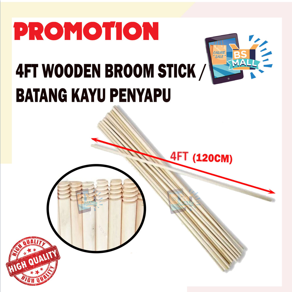 BIGSALES 4ft Wooden Broom Stick / 4 Wooden Feet Wooden Mop Broom Stick ...