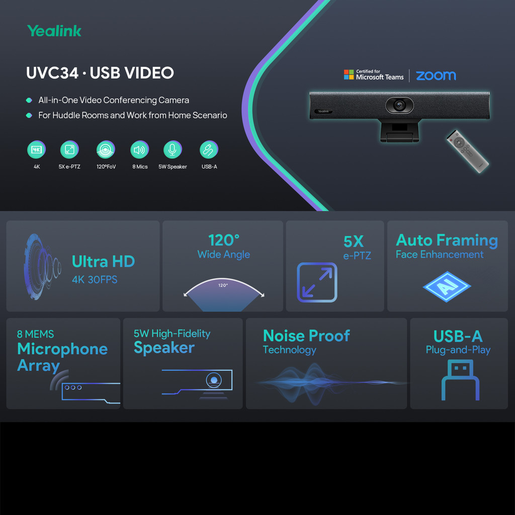 Yealink UVC34 All-in-one USB Video Bar 4K UHD Video Conference Camera ...