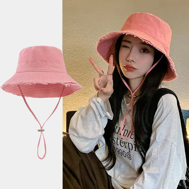 Summer Fisherman Cap for Women Korean Pink Large-Brimmed Bucket Hat ...
