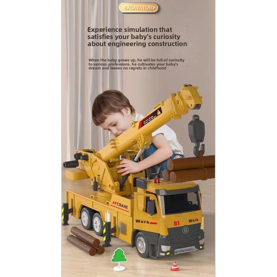 Alloy Engineering Vehicle Model Crane Excavator Sound Light Pull Back Children Alloy Engineering ...