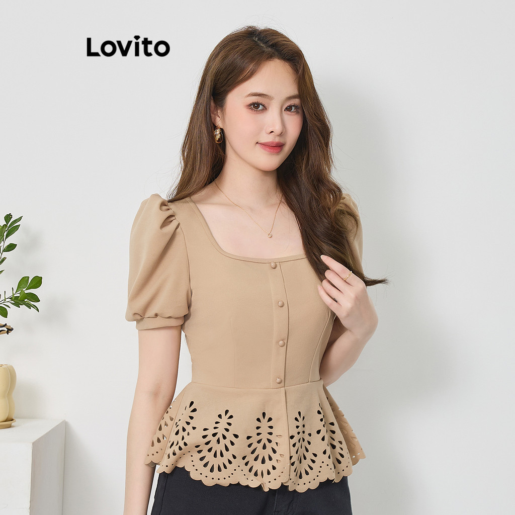 (Trendy) Lovito Elegant Blouse Summer Eyelet Embroidery Button Front ...