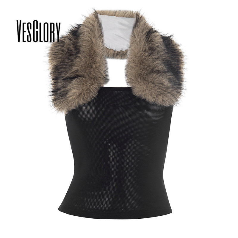 VesGlory Women 2025 Fashion Tanks Top Fur Collar Design Sleeveless Slim ...