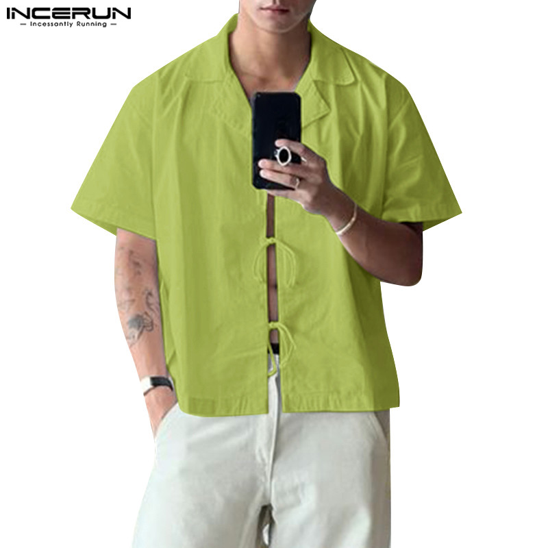 INCERUN men's lace up solid color short sleeved shirt | Shopee Philippines