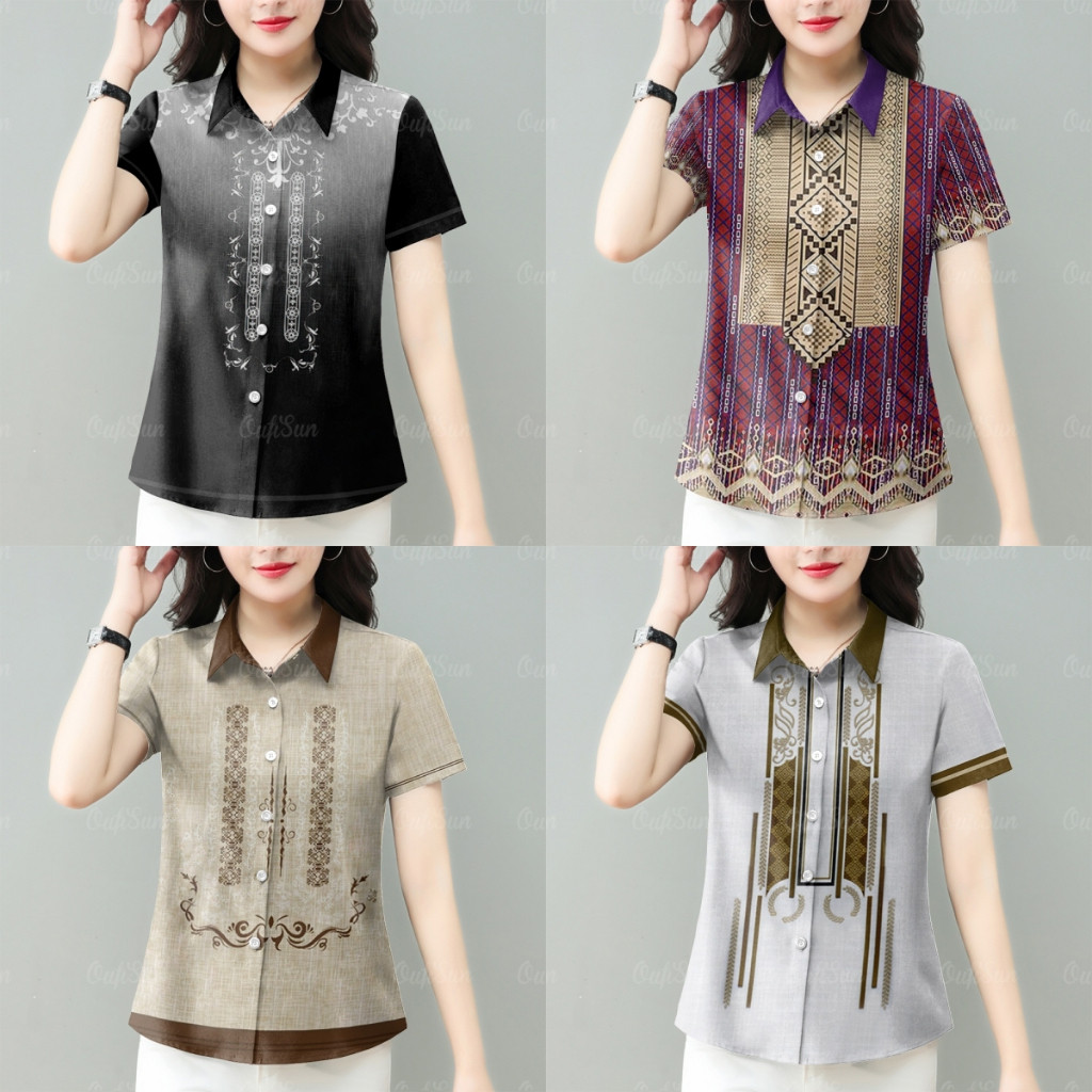 2025 Asean Attire Women's Retro Style Shirt Barong Pattern Loose Short ...