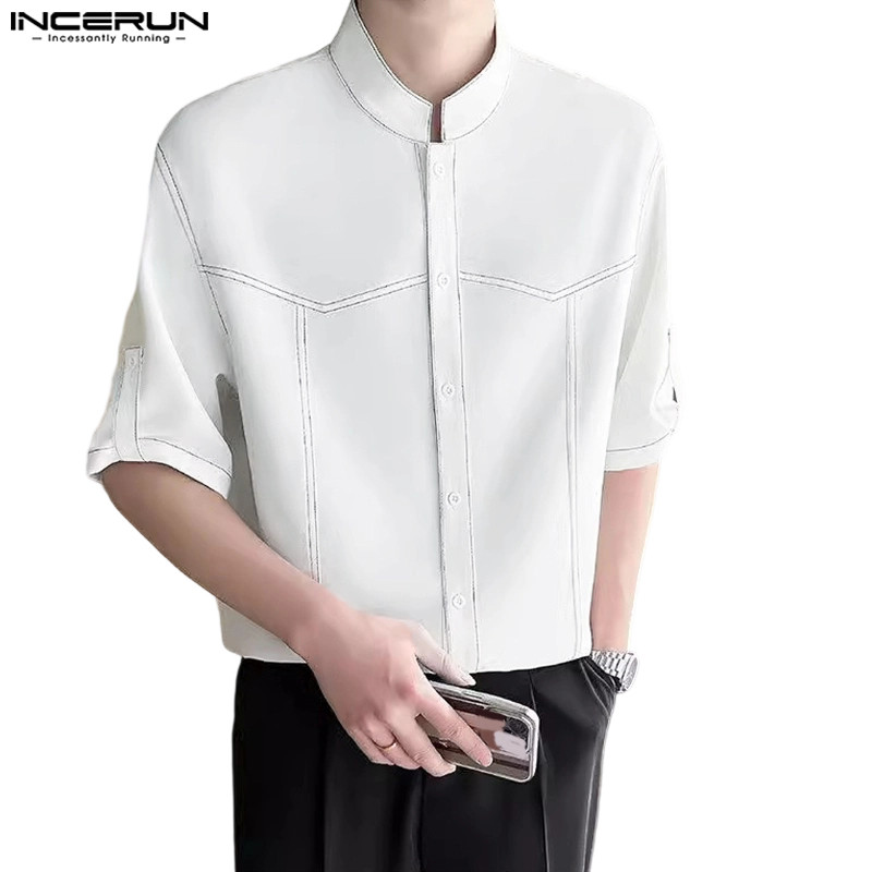 INCERUN men's stand up collar contrasting line casual shirt | Shopee ...