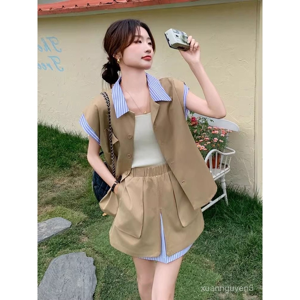 [8-10 days] Women's Summer Fashion Set Faux Double Layer Plaid Shirt ...