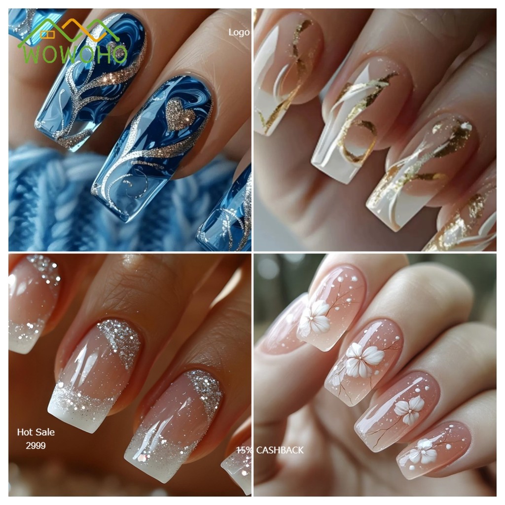 WOWOHO 24Pcs Fake Nails Set Fake Nail Long Nail Fake Nails Set With ...