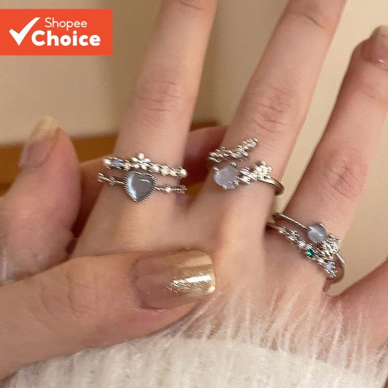 3 Pcs Shiny Rhinestone Heart Finger Rings Set for Women Trendy Charms ...