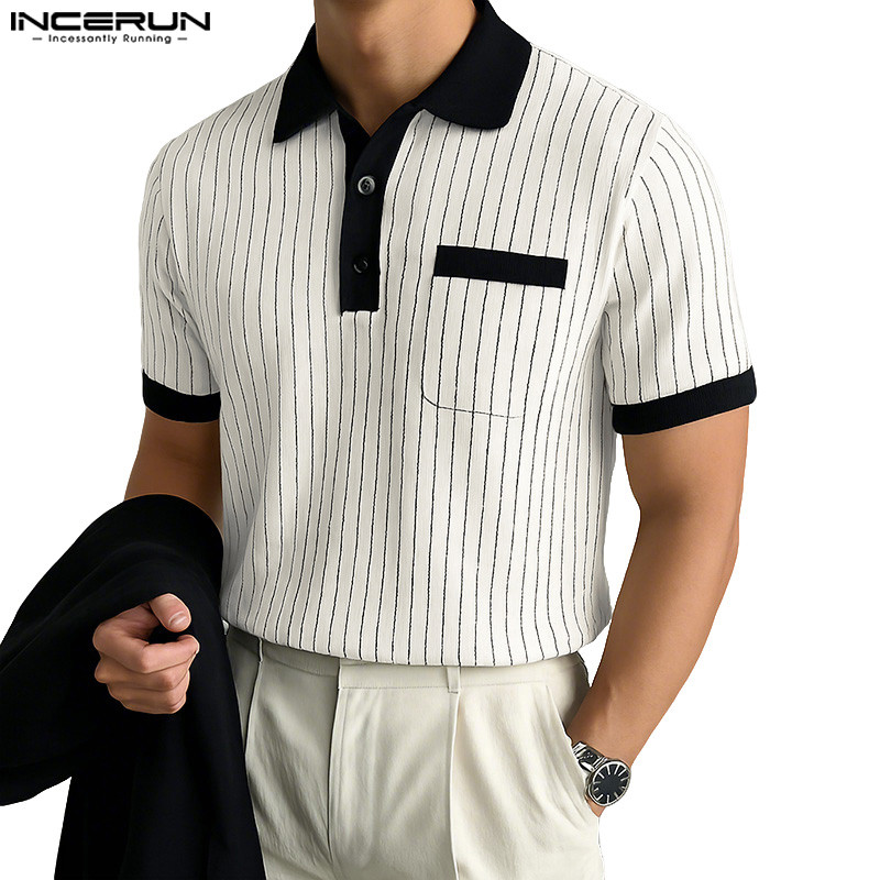 INCERUN Men's Striped Splicing Color Knitted Short Sleeve Flap Top POLO ...