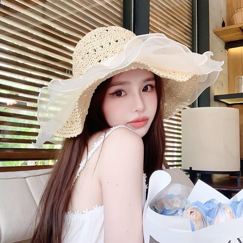 Beach hat made of cotton woven with chiffon fabric, cute and fluffy ...