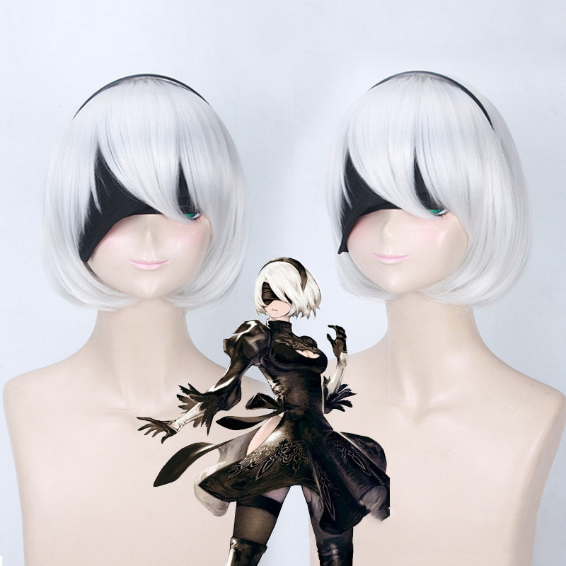 XY&HB NieR Automata 2B YoRHa No. 2 Short Straight White Cosplay Wig Bob ...