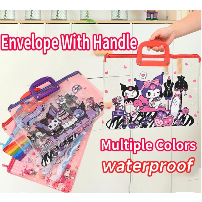 Cartoon Kuromi Plastic Envelope with Handle Transparent Zipper Envelope ...
