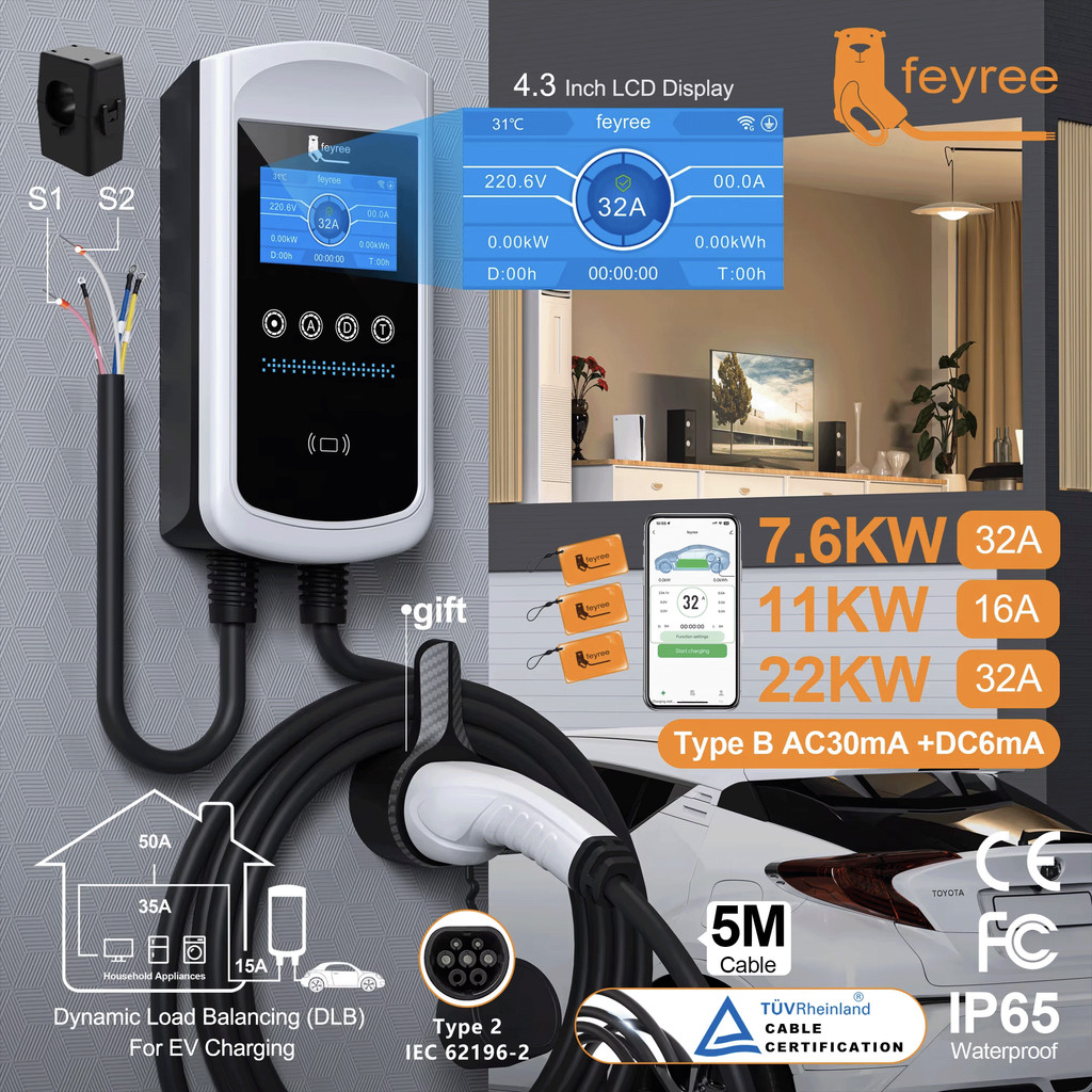 feyree Type2 EV Charger 4.3inch Screen 32A 7.6KW Dynamic Load Blancing ...