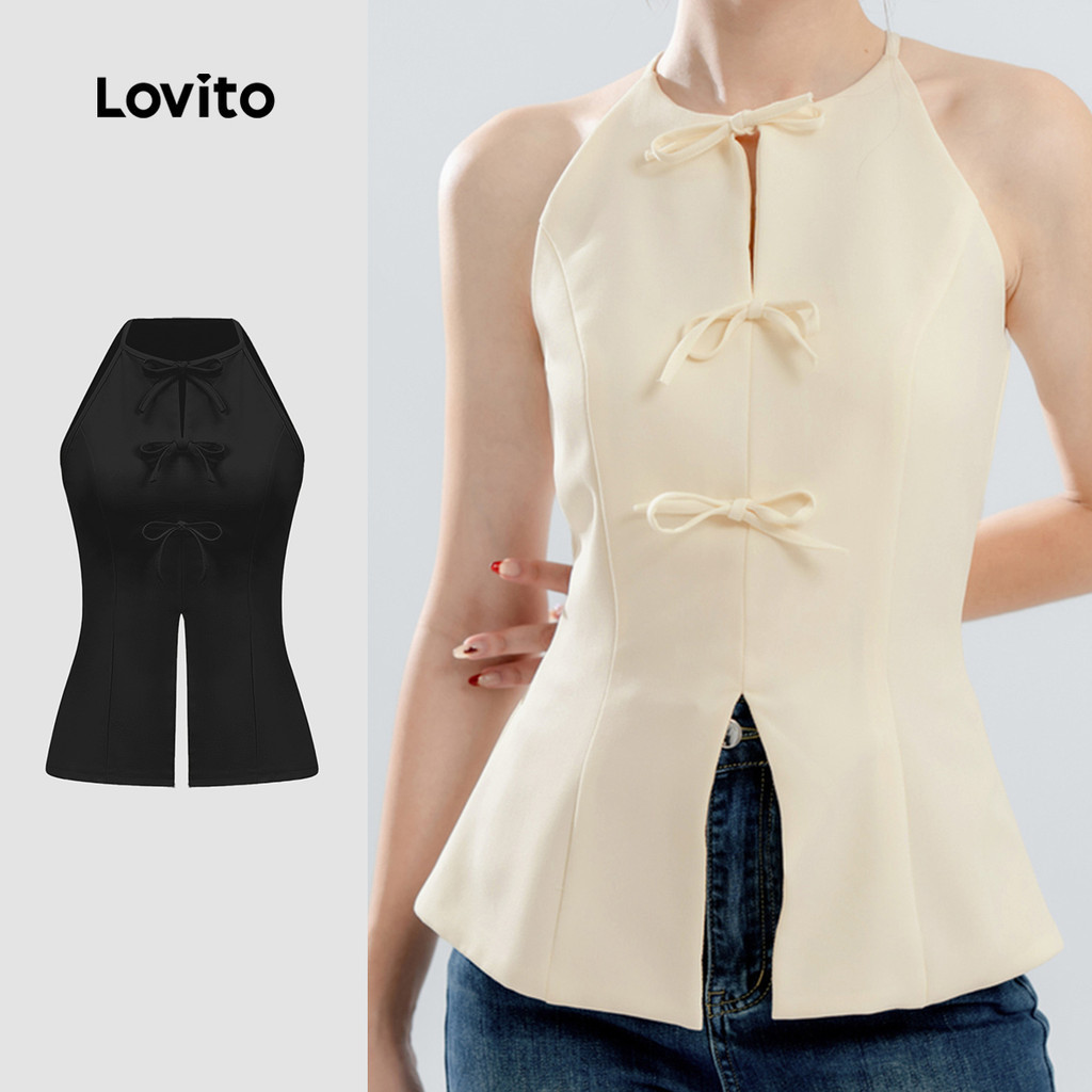 Lovito Women Elegant Tank Top Plain Lace Up Bow Tank Top L109MD032 ...