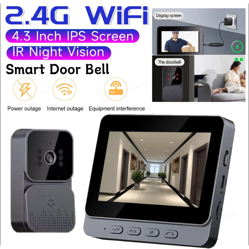 4.3Inche IPS Screen Doorbell Wireless with Camera and Intercom Night ...