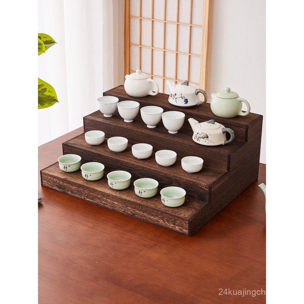 Solid Wood Desktop Small Curio Shelf Teapot Stand Tea Set Storage Rack ...