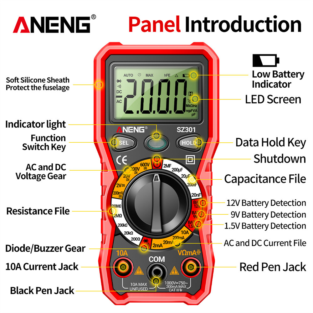ANENG 2000 Counts Digital Multimeter Resistance Capacitance Handheld ...