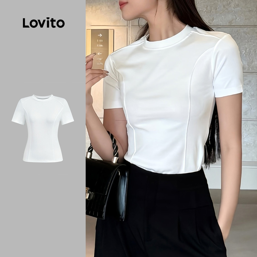 Lovito Women Casual T-Shirt Structure Line Leisure Plain Spring/Summer White T-Shirt L135ED404 ...