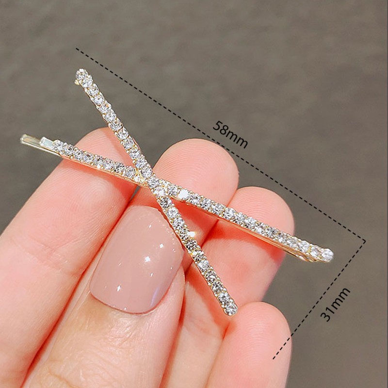 Elegant Temperament Hairpin Simple Cross Rhinestone Bangs Side Girl Top ...