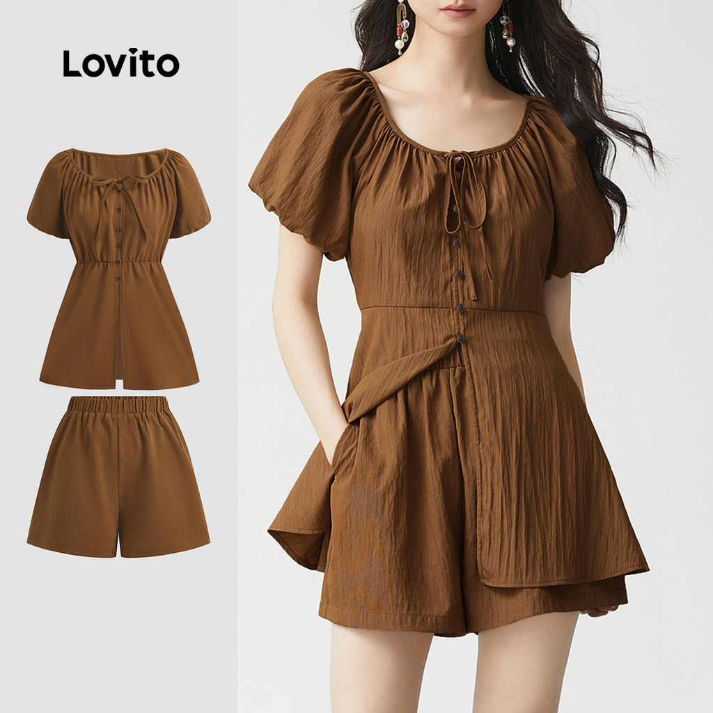 Lovito Women Casual Shorts Sets Plain Tie Front Button Split Summer ...