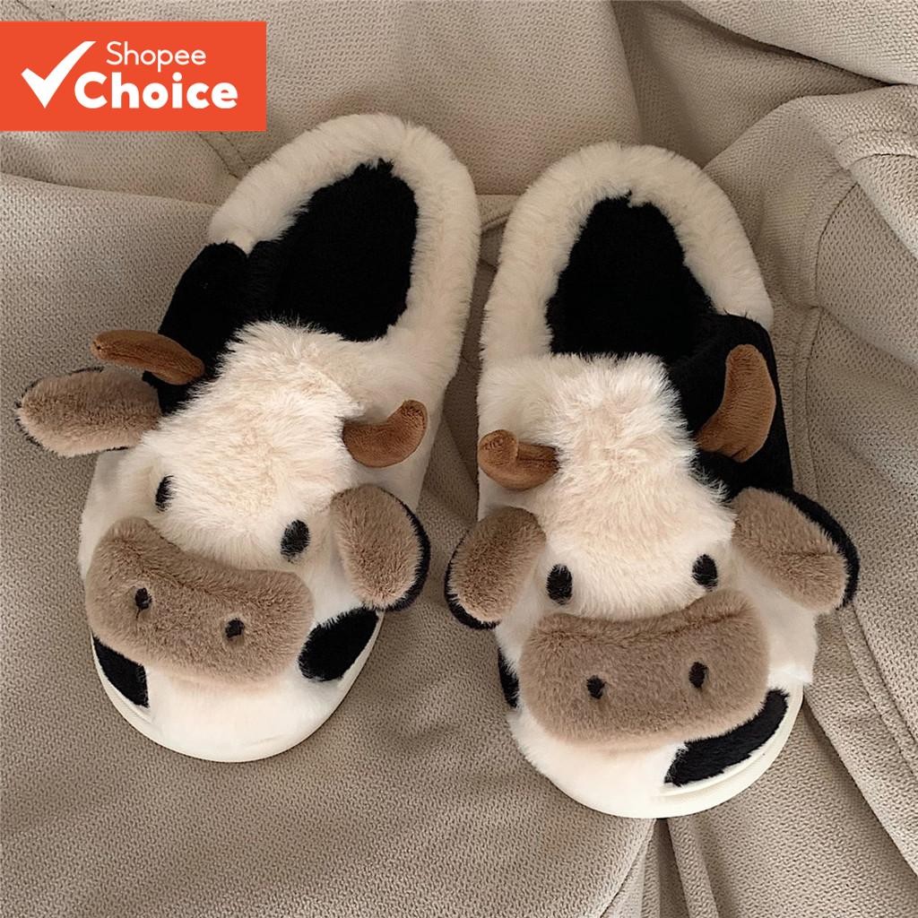 Cartoon Furry Cotton Slippers Women Indoor Home Winter Cow Cotton TPR ...