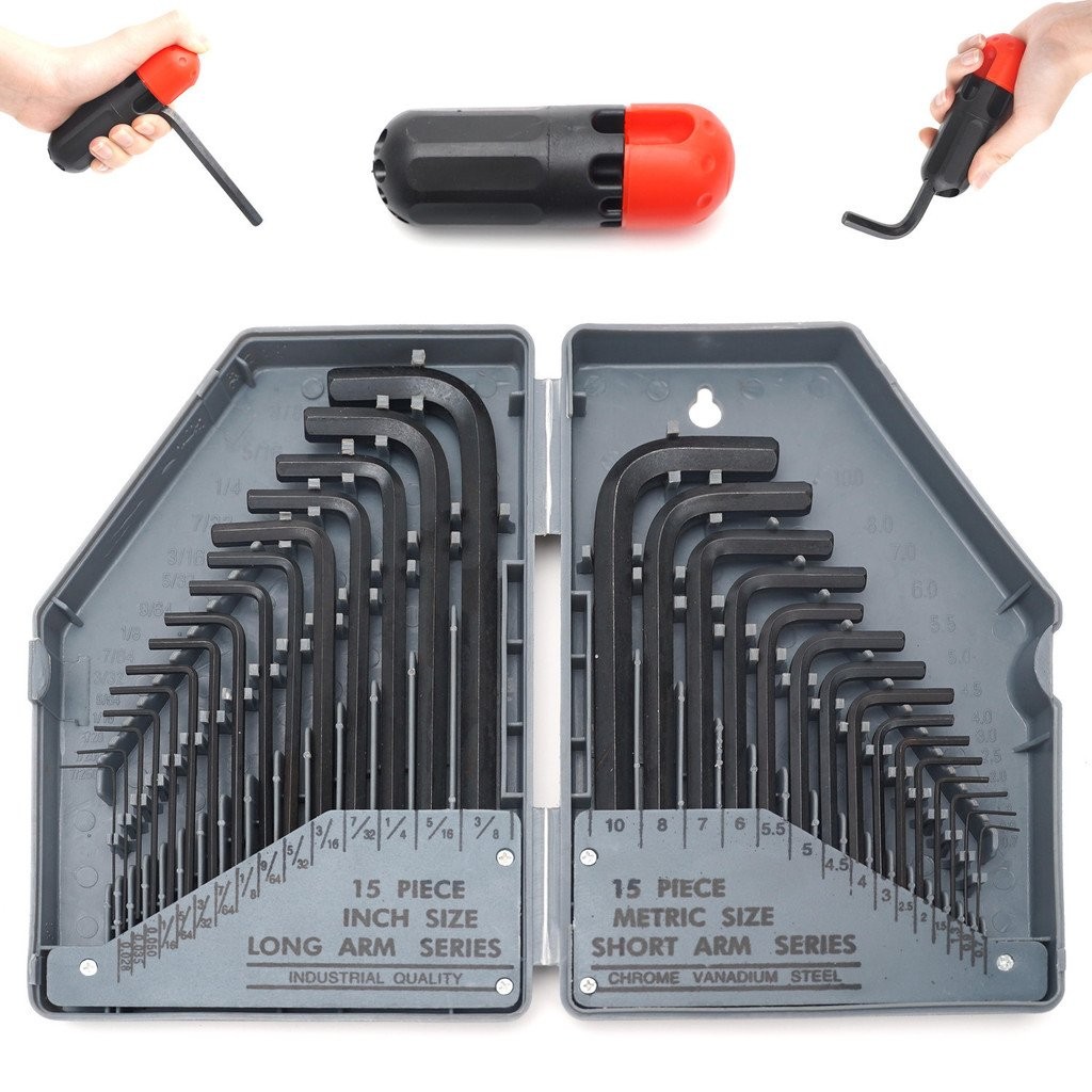 30PC Set of Metric and Imperial Blackened Extended Hex Key Tools with ...