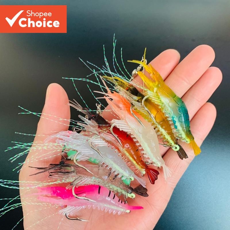 Soft Fishing Luminous Shrimp Lure with Hook Swivel Beads Artificial Silicone Glow Fishing Bait ...