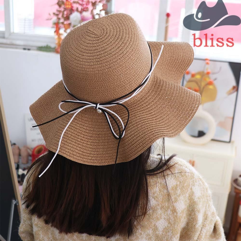 BLISS Pearls Strap Straw Hat, French Style Spring Summer Folding Straw Hats, Ins Beach Travel ...