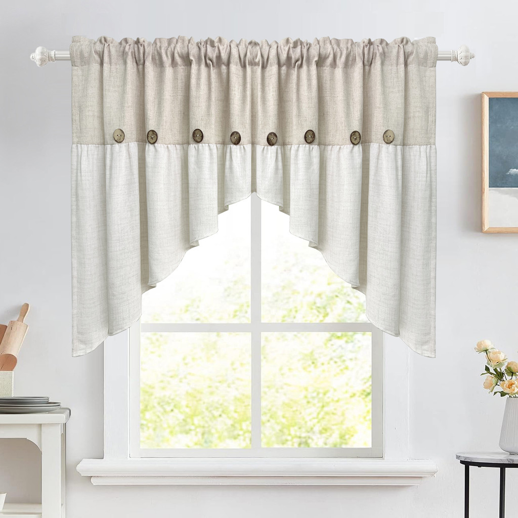 Farmhouse Boho Linen Button Arched Valance Curtains for Kitchen Window ...