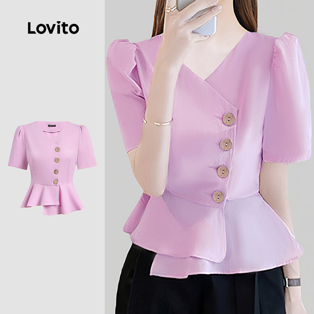 Lovito Women Casual Plain Ruffle Hem Asymmetrical Morandi Color Series ...