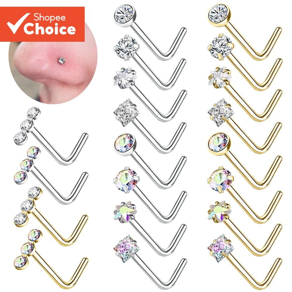 1 PC Stainless Steel Crystal Nose Stud Heart & Star L-Shape Nostril ...