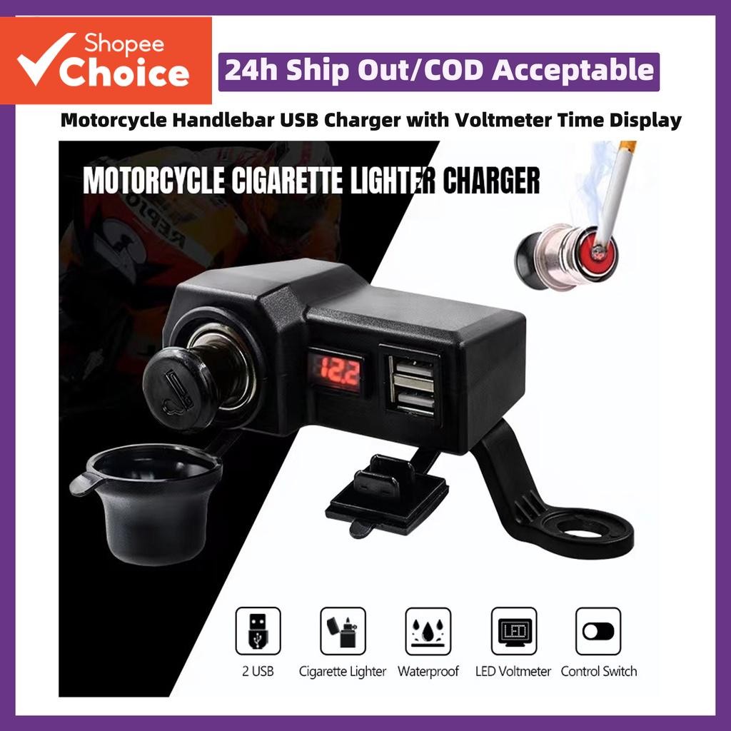 Ceyes Motorcycle Handlebar USB Charger with Voltmeter Time Display ...