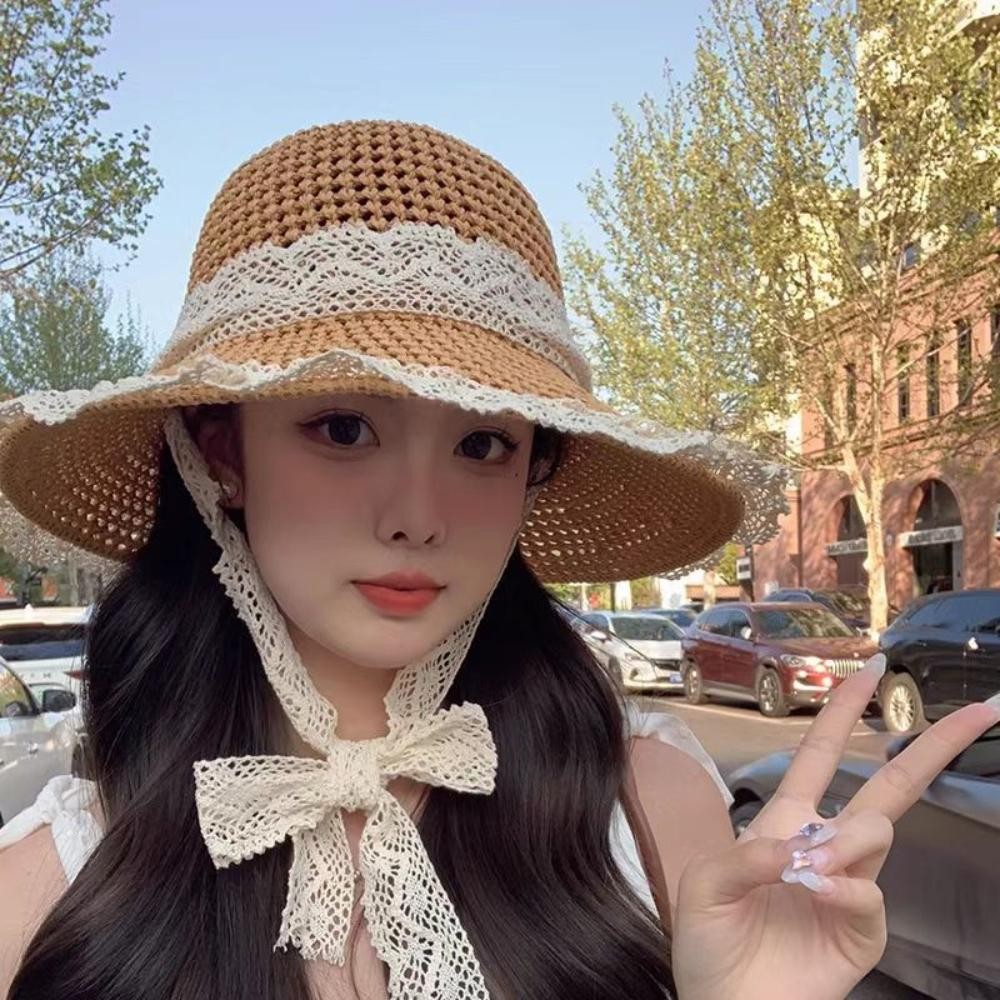 YOUJ Hollow Lace Beach Straw Hat for Women Summer Seaside Sun Cap with ...