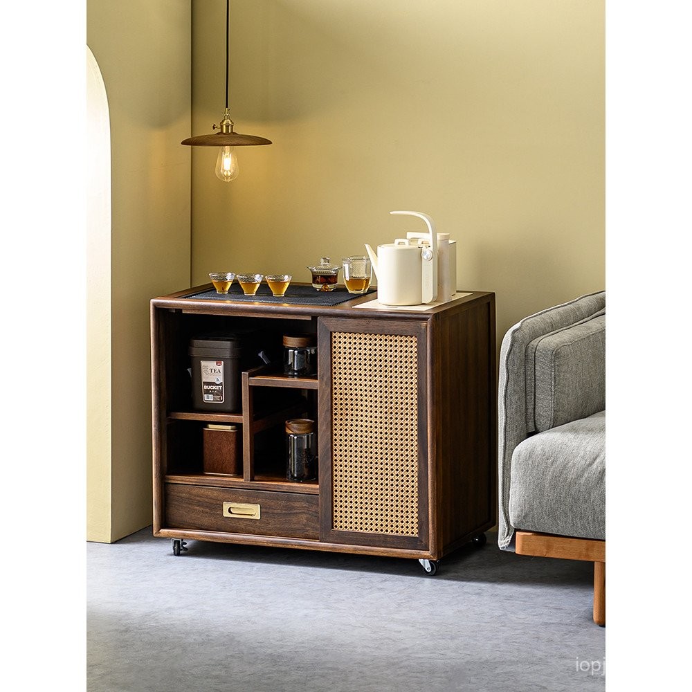Jimuyu Japanese Style Solid Wood Rattan Tea Cabinet with Integrated ...