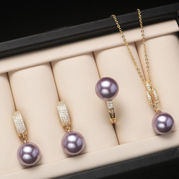 Shell Pearl Three-Piece Set Fashionable Elegant Necklace Pendant Ring Earrings Shell Pearl ...