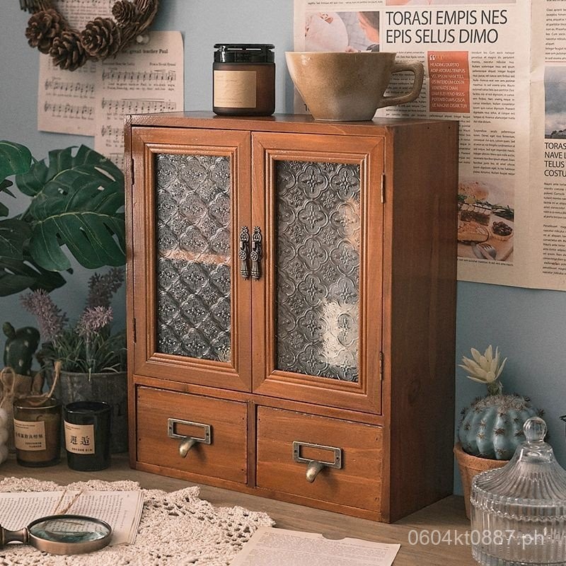 Desktop Dressing Table Vintage Storage Cabinet Organizer zakka Wooden Perfume Storage Rack^P ...