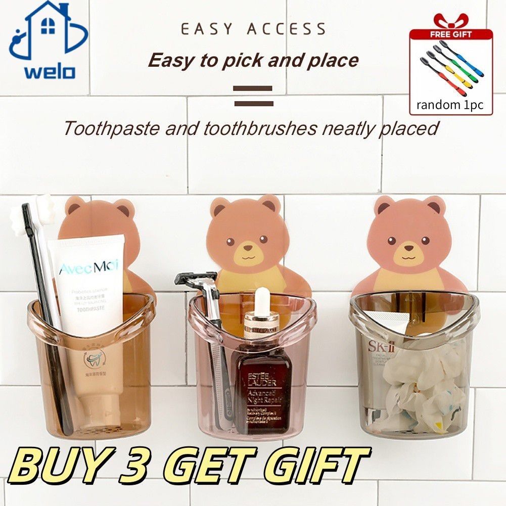 WELO 【Buy 3 Get Gift】Cute Bear Wall Mounted Toothbrush Holder Bathroom ...