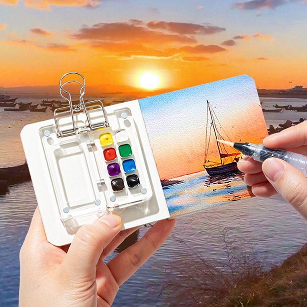 Mini Watercolor Painting Set with Portable Sketchbook Sunset Scenery ...