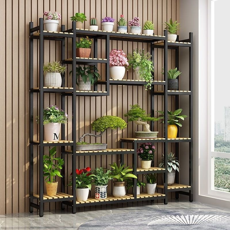 Solid Wood Flower Shop Display Stand Balcony Rack Iron Art Outdoor ...
