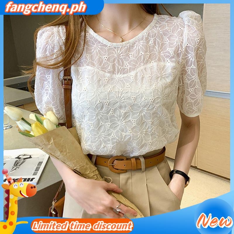 Modern Filipiniana Top Casual Plain Eyelet Embroidery Pearl Buckle ...