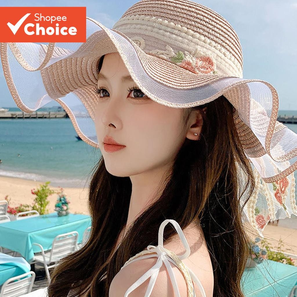 Flower streamer sun hat women's seaside vacation sweet lace sun hat ...