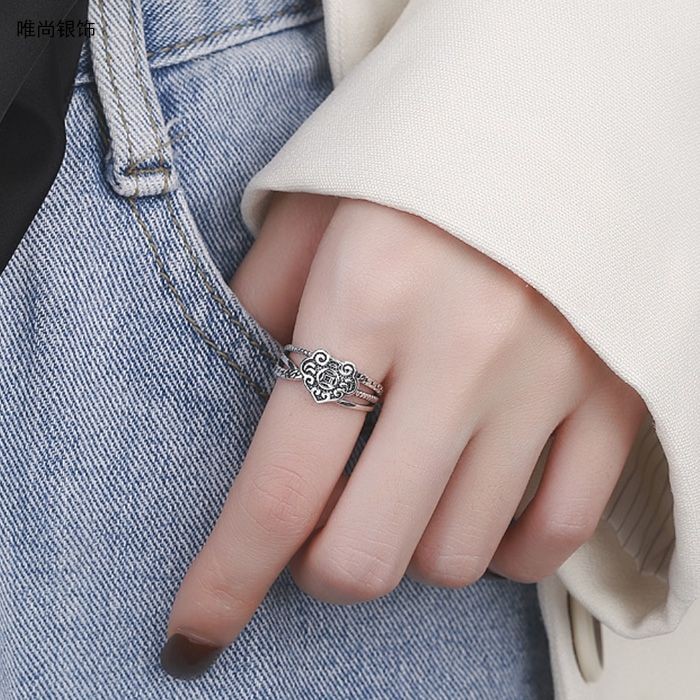 S925 Sterling Silver Auspicious Ruyi Ring Retro Chinese Style Safe Lock Happy Character Good ...