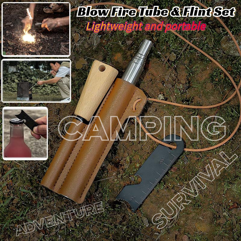 Retractable Blow Fire Pipe & Flint Set Portable Ferro Rod Magnesium ...