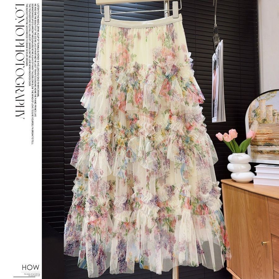 Korean Style Stitching Gauze Fairy Large Swing Fluffy Long Cake Skirt ...