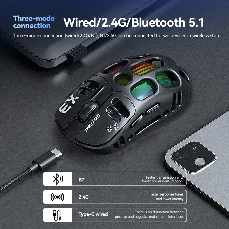 T-WOLF Thunder Wolf X3Gaming Wireless Mouse Three-Mode Bluetooth Hollow ...