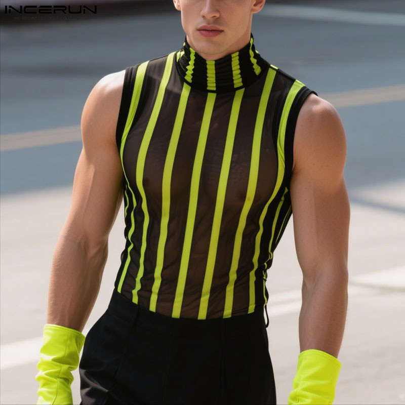INCERUN Men Vintage Striped Sheer Mesh Turtleneck Tank Presale | Shopee ...