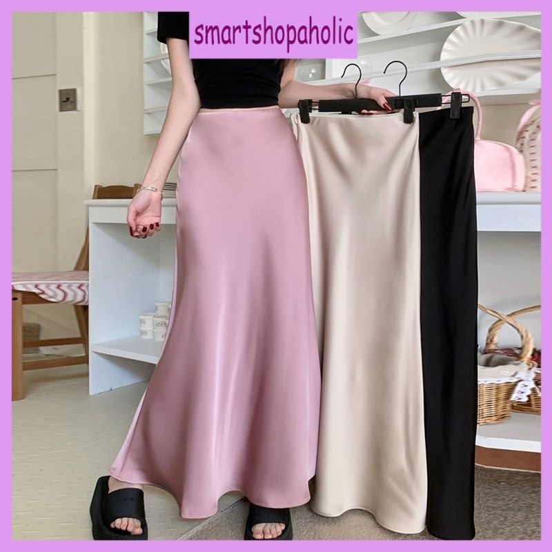 Korean Fashion Skirt Women A-line Satin Palda Wrapped Hip Satin ...